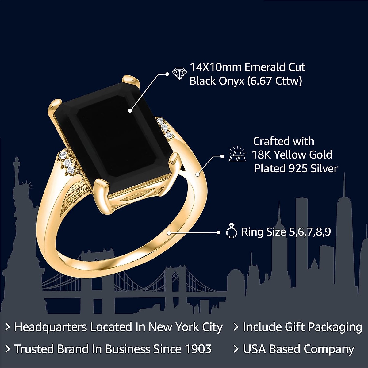 Gem Stone King 18K Yellow Gold Plated Silver Black Onyx Women Ring (6.67 Cttw, Emerald Cut 14X10MM, Gemstone Birthstone, Available In Size 5, 6, 7, 8, 9)