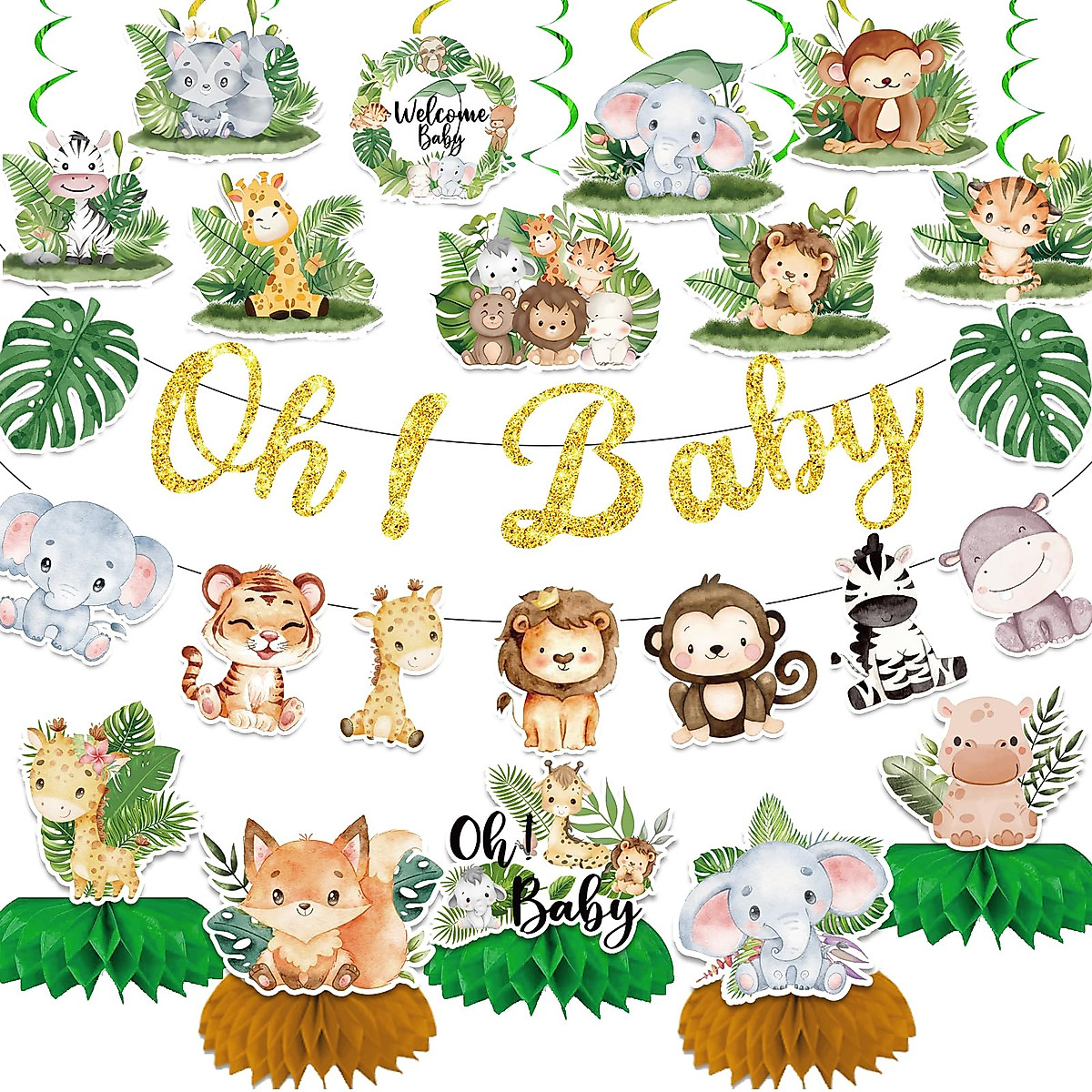Jungle Wild Animal Baby Shower Decorations, Wild One Birthday Decorations Include Animals Banner, Hanging Swirls and Honeycomb Centerpieces, Wild Safari Baby Shower Decorations