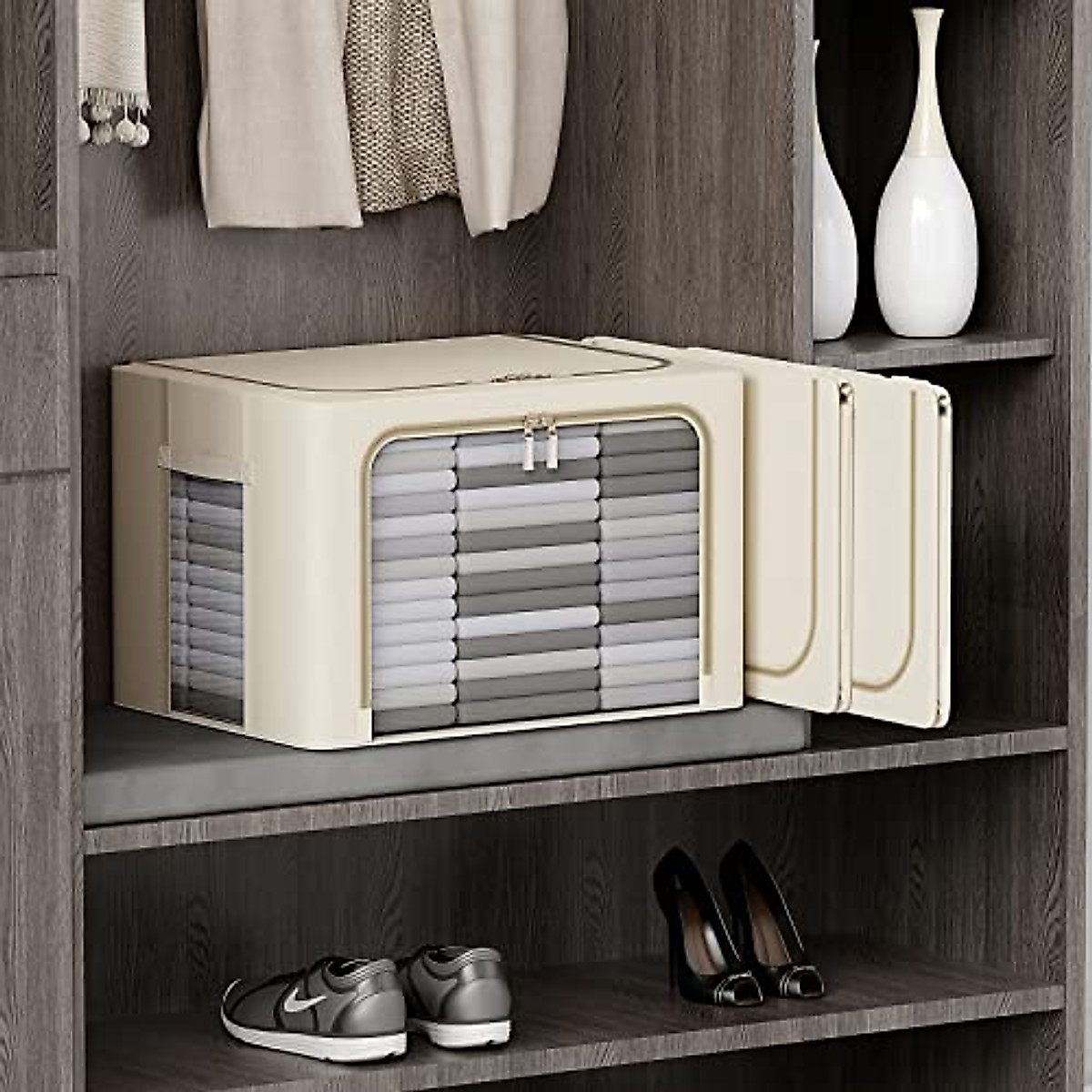 4 Pack Clothes Storage Bins - Large Foldable Container Box for Shelves Nursery Toys Stackable Fabric Storage Box Organizer Set with Clean Window and Handles (66L, Beige)