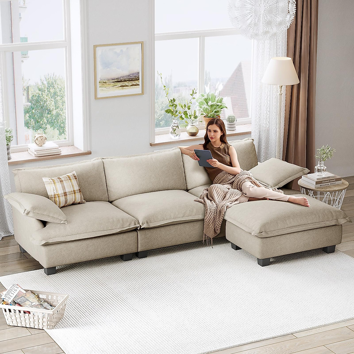 Fadware 113" Oversized Sectional Sofa Cloud Couch for Living Room, Modern Velvet L Shaped Deep Couches, 4 Seat Comfy Modular Sofa Sleeper with Moveable Ottoman, Beige