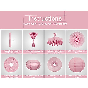 Rose-Gold Pink Burgundy Party Decorations - 15Pcs Tissue Pom Poms Paper Flowers Paper Lanterns Girl Birthday Baby Bridal Shower Bachelorette Engagement Wedding Mothers Day Valentines Galentines Decor