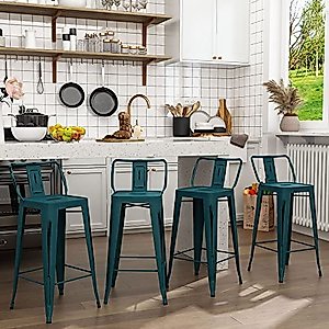 Andeworld Distressed Bar Stools Set of 4 Industrial Counter Stools Metal Barstools with Backrest (30 Inch, Distressed Design Teal)