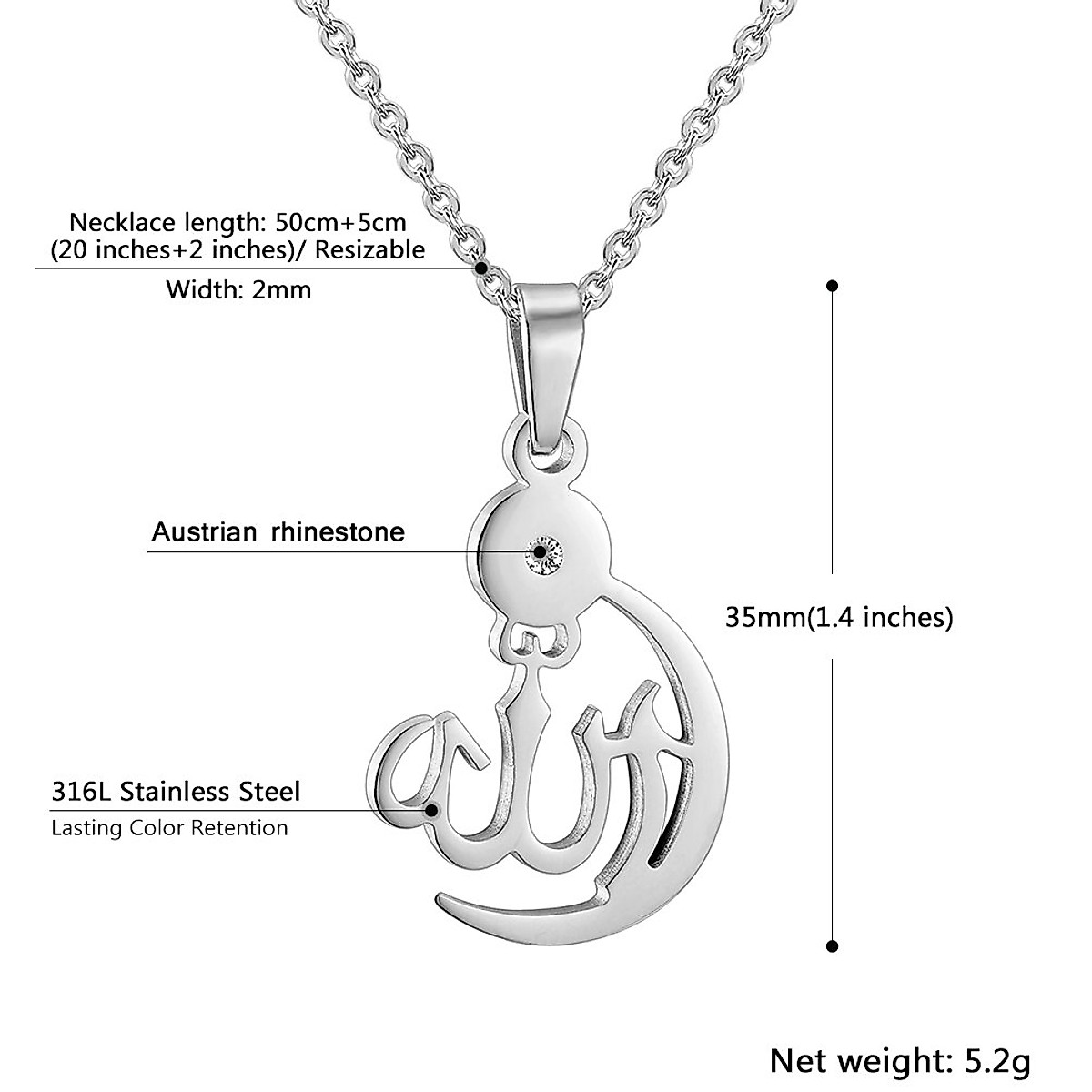 Allah Necklace Women Muslim Islamic Jewelry Chain Silver Stainless Steel Crescent Moon Allah Small Pendant