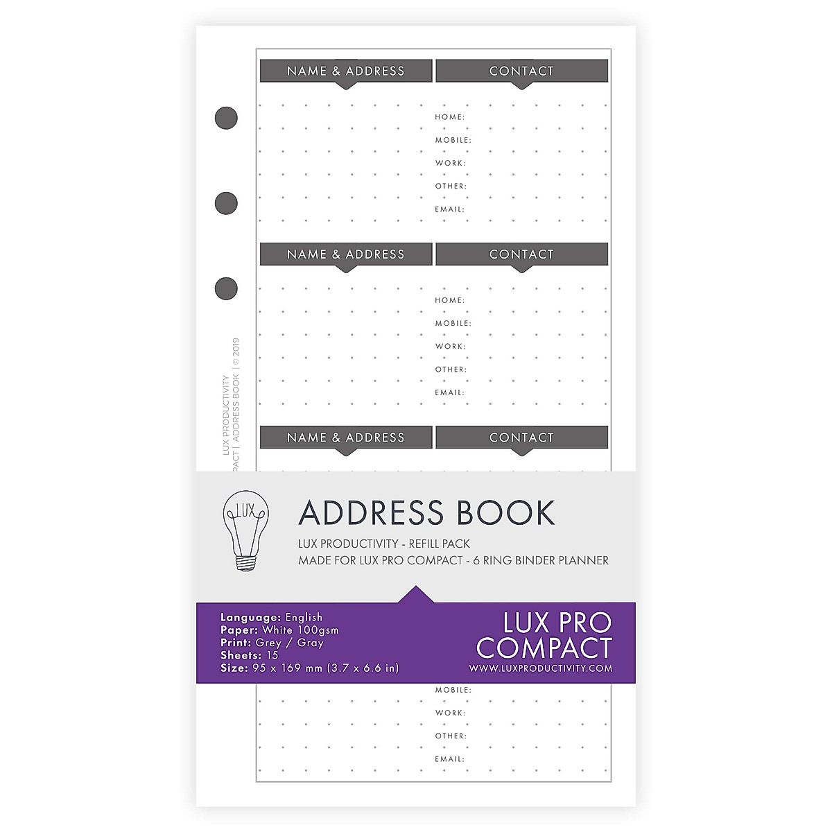 LUX Compact: Address Book – LUX Productivity Refill Pack - Planner Page Inserts - Compatible with The LUX Compact 6-Ring Binder Organizer