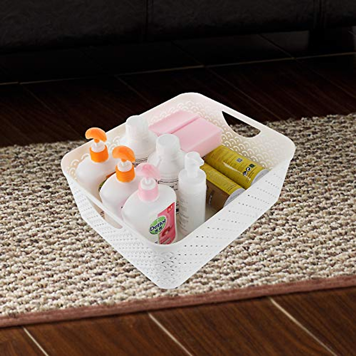 STARVAST 3 Pack Plastic Storage Baskets, Portable White Fish Scale Pattern Hollow Desktop Storage Bin Box with Handle for Kitchen, Bathroom, Kids Room or Nursery Storage – 13.8 x 11.2 x 5.1 inches