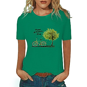 Women Green Graphic Tees Short Sleeve Novelty Leaves Shirt Tops Round Neck Loose Plus Size Summer Blouse