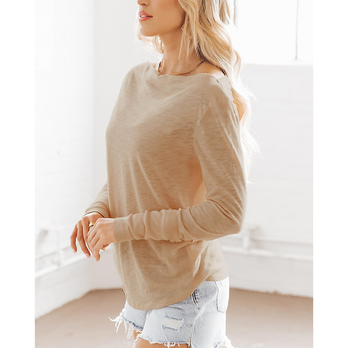 Womens Casual Long Sleeve Shirts Boat Neck Plain Tops Pullover Off The Shoulder Tee Shirt Blouse Apricot