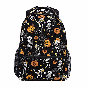JIPONI Halloween Pumpkin Skull Skeleton Backpack For Women Men, Student School Bag Bookbag Travel Laptop Backpack Purse Daypack