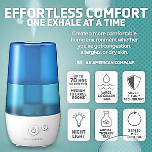 PureGuardian H965AR Ultrasonic Cool Mist Humidifier, 70 Hrs. Run Time, 1 Gal. Tank Capacity, 320 Sq. Ft. Coverage, Small Rooms, Filter Free, Silver Clean Treated Tank, Includes Essential Oil Tray
