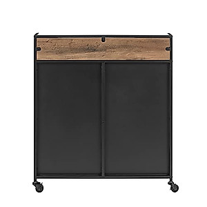 Walker Edison Malcomb Urban Industrial Metal Mesh Double Door Rolling Bar Cabinet, 33 Inch, Rustic Oak