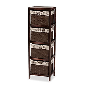 Baxton Studio Bosley Modern French Inspired Walnut Brown Finished Wood 4-Basket Storage Unit, Dark Brown/Beige