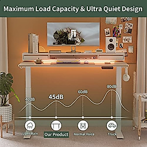FEZIBO 55 × 26 Inch Electric Standing Desk with Monitor Stand, Height Adjustable Table with LED Strips, Ergonomic Home Office Furniture with 2 Drawers Storage Gaming Workstation, Light Walnut Top