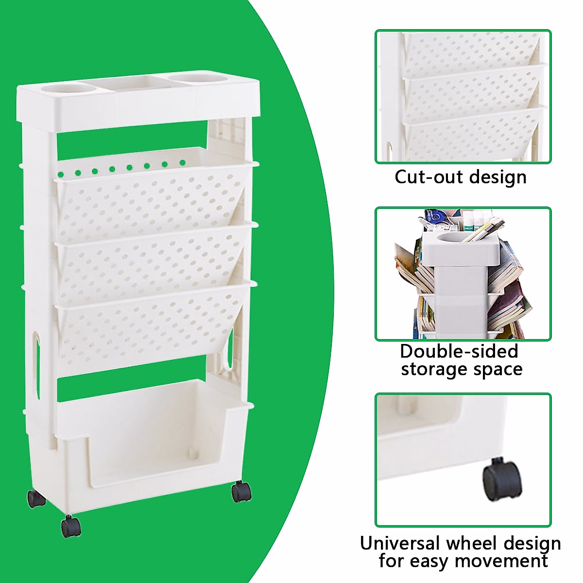 Esamploe 5 Tier Book Rack Storage Bookshelf,Rolling Small Bookshelf for Small Spaces with Double Sided Storage,Kids Bookshelf for Childrens Students in The Classroom Bedroom Library Study