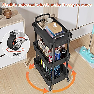 Calmootey 3-Tier Rolling Utility Cart with Drawer,Multifunctional Storage Organizer with Plastic Shelf & Metal Wheels,Storage Cart for Kitchen,Bathroom,Living Room,Office,Black