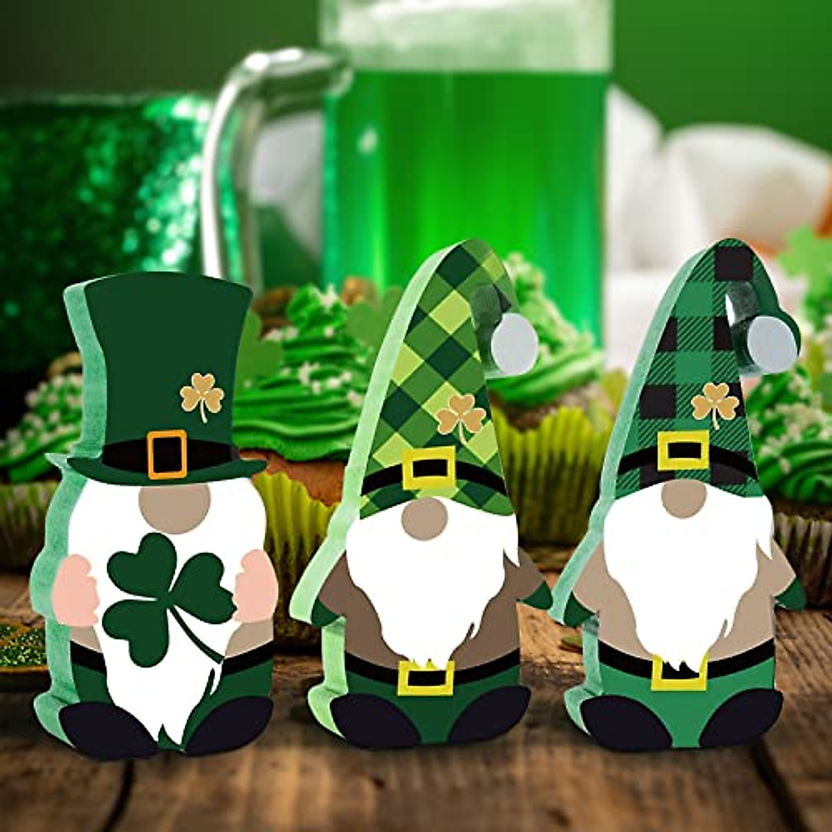 St. Patrick's Day Decorations Gnomes Table Sign - 3pcs Wooden Scandinavian Tomte Shamrock Clover Lucky Table Centerpiece, Green Home Office Irish Themed Party Decor