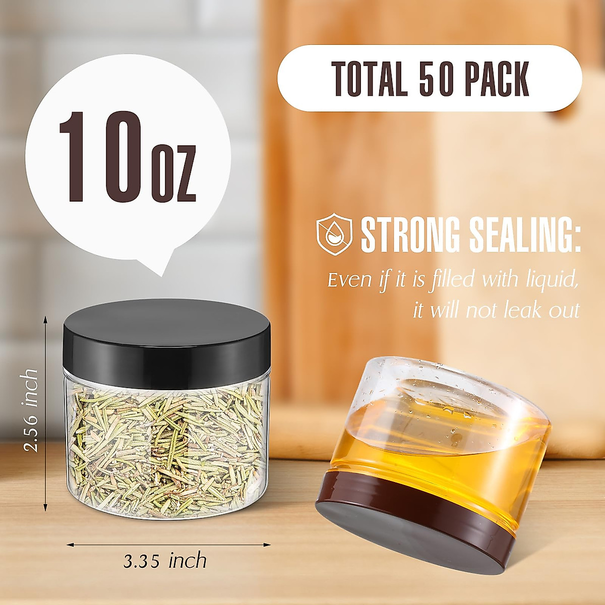 Mifoci 50 Pcs 10 Ounce Clear Plastic Jars Containers Airtight Wide Mouth Food Storage Jar for Kitchen Dry Food Butter Honey Cosmetics Cream, Black and Brown(3.35''l X 2.56''h)