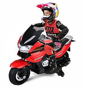 TOBBI 12V Kids Ride On Electric Motorcycle, Toddler Dirt Bike Training Wheels, Battery Powered Motorbike for Kids with LED Lights/Music/USB/Pedal, Ideal Gift for Children Boys Girls-Red