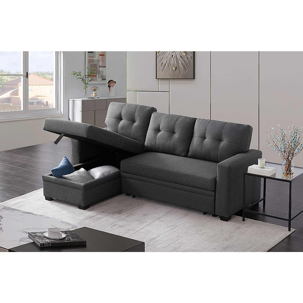 Wakefit Reversible Sectional Sofa Couch, Sleeper Sofa Bed with Storage Chaise Pull Out Couch Bed for Living Room | Hidden Stroge | Pull Out Bed | Removable Backrest | Linen Fabric, Dark Grey