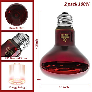 REPTI HOME Infrared Reptile Heat Lamp Bulbs,2 PCS 100W Reptiles & Amphibians Infrared Basking Spot Lamp Bulb, Red Heat Emitter light for Chickens Coop