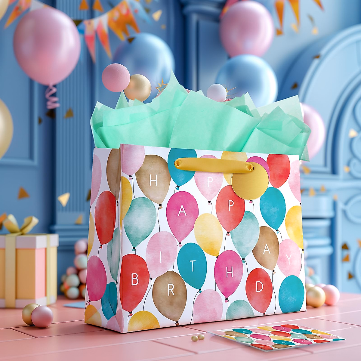 BGTCARDS Birthday Gift Bag with Tissue Paper and Card, Happy Birthday Gift Bags for Birthday, Party, Reusable Gift Bag for Presents with Handles - 13”x 10”x 5”, 1PCS