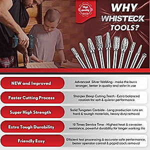 WHISTECK Carbide Burrs Set, 10 Pcs Double Cut Solid Tungsten Carbide Rotary Burr Set, 1/4 Inch Shank Die Grinder Bits, Rotary File for Die Grinder Metal Carving, Polishing, Engraving, Drilling