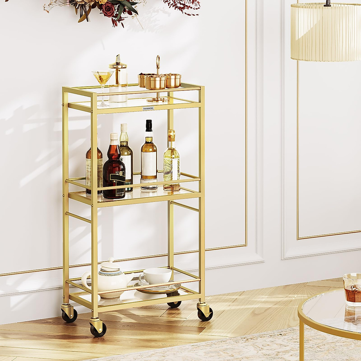 MAHANCRIS Bar Cart for The Home, Home Bar Serving Cart, Gold Bar Cart with 3-Tier Glass Shelf, Wine Holders, Glass Holder, Mini Bar Cart for Small Space, Kitchen, Dining Room, Gold RCJ40B01