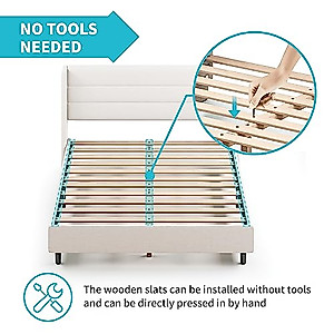 CECER King Size Platform Bed Frame with Upholstered Headboard, Bed Frame with Strong Wooden Slats, Strong Weight Capacity, No Box Spring Needed, Easy Assembly, Beige