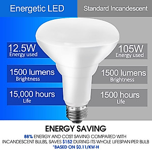 Energetic LED Recessed Light Bulbs BR30, 105W Equivalent, 1500LM, Dimmable, Warm White 3000K, Indoor Flood Lights for Recessed Cans, UL Listed, 6 Pack