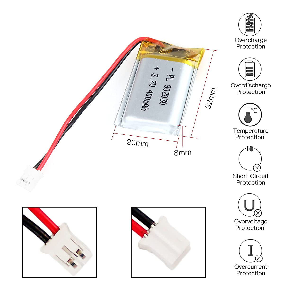 YTKavq 3.7V 400mAh Battery 802030 Lithium Polymer Ion Rechargeable Li-ion Li-Po Battery with 2P PH 2.0mm Pitch Connector