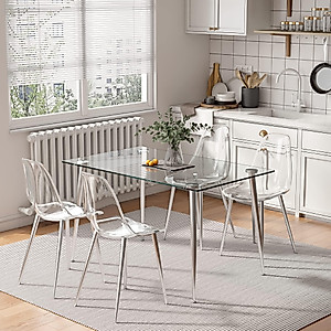 Baysitone Clear Dining Chairs Set of 4, Modern Kitchen Chairs with Transparent Seat, Acrylic Accent Side Chairs with Metal Legs for Dining Room, Kitchen, Living Room with Silver