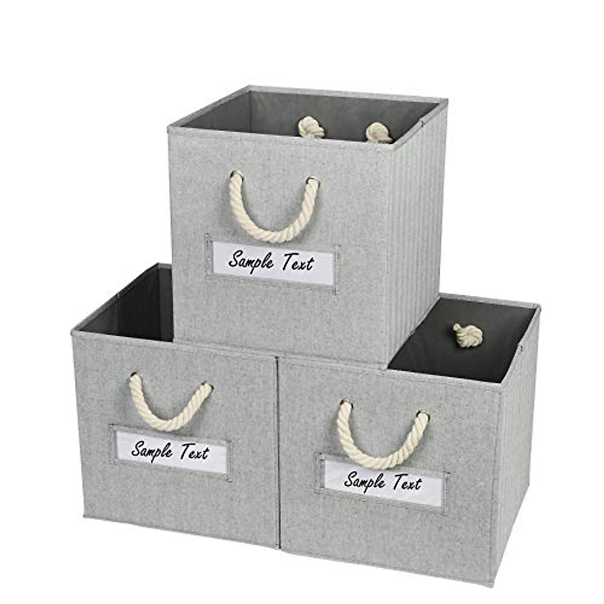 Onlycube 3 Pack Foldable Storage Bins for Cube Organizer with Cotton Rope Handles and Label Holders, Collapsible Basket Box Organizer for Shelves and Closet- Gray 13x13x13 inch