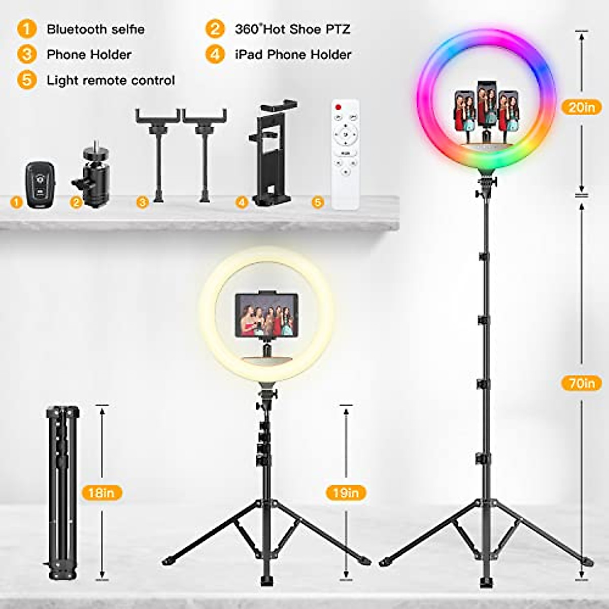 RGB Ring Light 18 inch with Tripod Stand (2700-7000K) for Phone Camera iPad Selfie Live Stream YouTube TikTok Video Shooting Best Lighting Atmosphere Ringlight (18 inch)