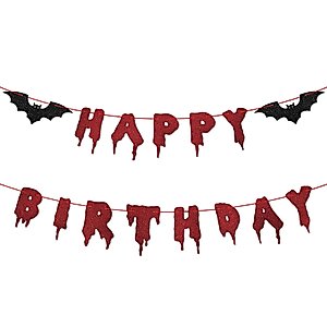 Red Glittery Happy Birthday Halloween Banner - Halloween Hanging Paper Garland Bunting Banner Bloody Bat Vampire Decorations, Photo Backdrop for Wall Home Mantle Office Wall Scary Party Supplies
