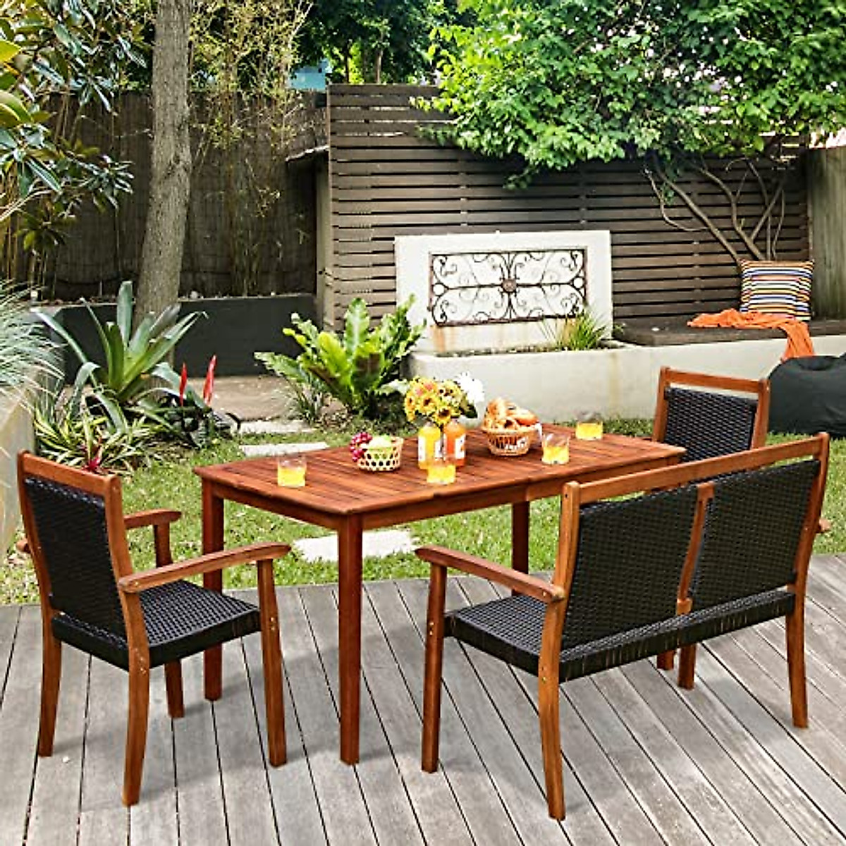 Tangkula 4 Pieces Patio Dining Set for 4, Patiojoy Space-Saving Outdoor Acacia Wood Dining Table and PE Rattan Chairs Set with 1.9” Umbrella Hole, for Garden, Backyard, Deck, Poolside, Balcony