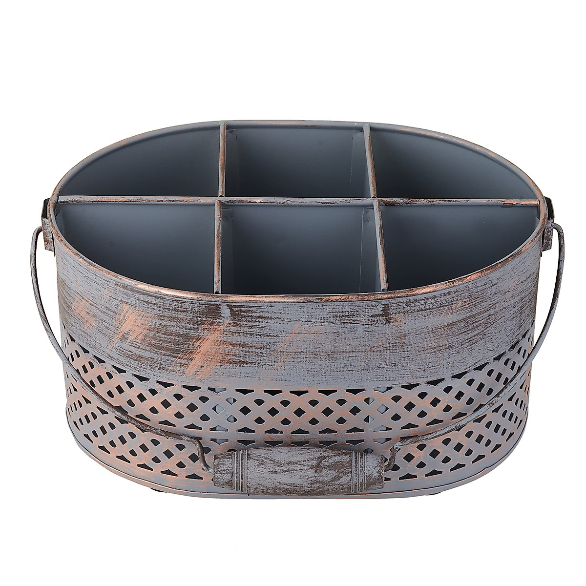 Utensil Caddy Carry – Metal All Serveware - Galvanized Metal Organizer for Kitchen Counter - Comfortable Wooden Handle /Indoor/Outdoor Storage For Flatware, Condiments, Party Cutlery, Arts - Rustic Grey Cooper