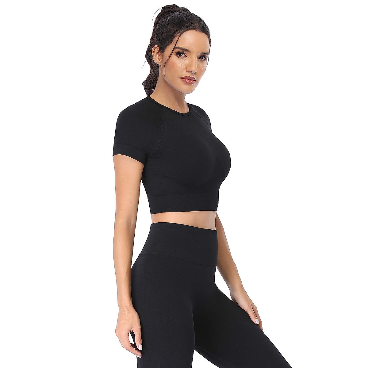 JOLLMONO 2 Piece Short Sleeve Outfits for Women Seamless Crop Tops Set for Women Workout Set(8005S-Black)