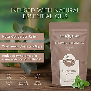 Shower Steamers Eucalyptus and Mint (15 Pack) Emily & Lilith Bath Bomb Aromatherapy Essential Oils Self Care Shower Steamer Relaxation, Birthday Gifts for Women and Men. Relaxing Shower Bomb