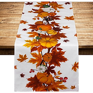Ruisita Thanksgiving Table Runner 73 x 12 Inches Fall Maple Leaves Pumpkin Table Cloth Runner Polycotton Autumn Harvest Tablerunners for Thanksgiving Parties Decoration Fall Wedding Decorations