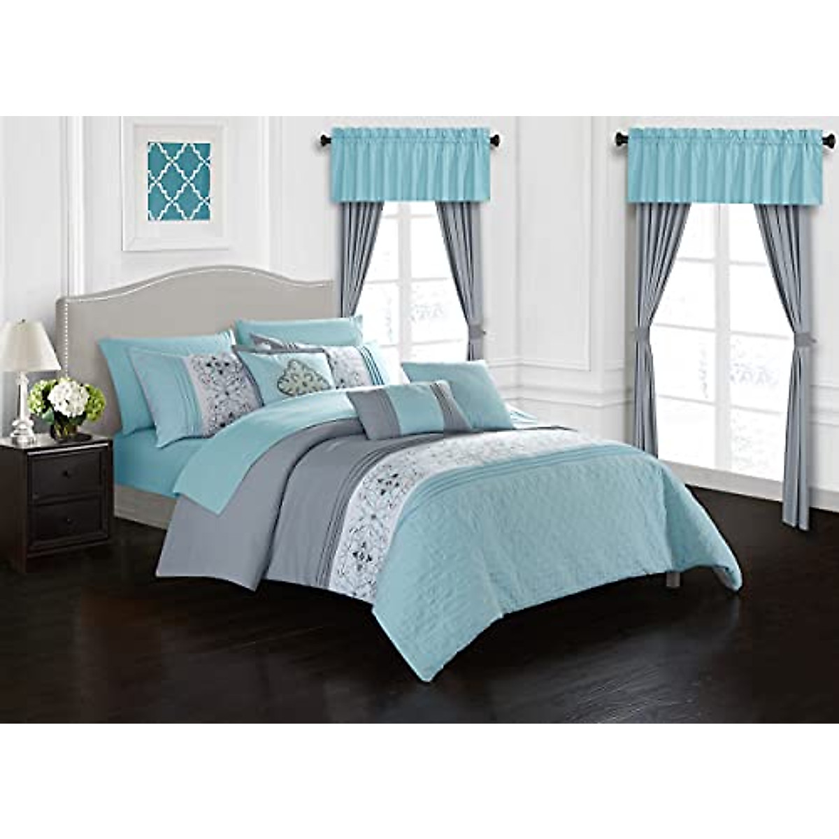 Chic Home Emily 20 Piece Comforter Set Color Block Floral Embroidered Bag Bedding, Queen Aqua Blue