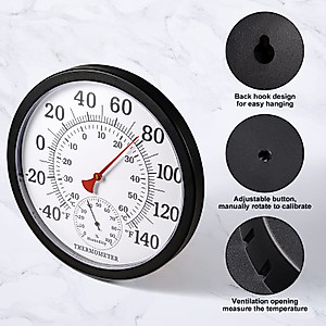10.5 Inch Indoor Outdoor Thermometer Large Numbers - Weather Thermometer Hygrometer Waterproof, No Battery Needed Outdoor Thermometers for Patio, Home, Garden Decoration (Black)