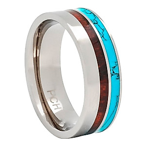 PCH Jewelers Turquoise and Koa Wood Ring set in Titanium High Polish Wedding Bands 8mm Comfort Fit (10)