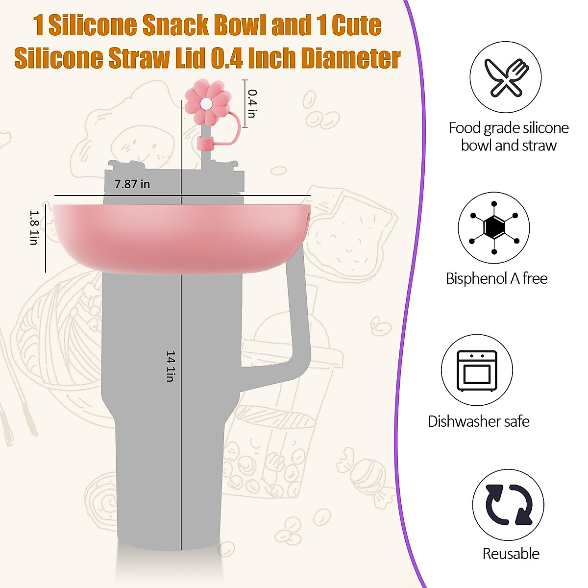 ieesspd Silicone Snack Bowl, 40 oz, Pink, Compatible with Stanley Cup Insulated Snack Tray with Handle