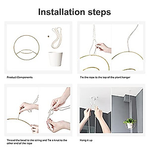 Mkono Boho Metal Hanging Planter with Plastic Pots, Set of 2 , Modern Mid Century Flower Pot Plant Holder in Diamond and Circle Shape, Fits 6 Inch , Gold