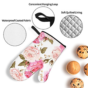 YILEQUAN Floral Flower Rose Pink Print Oven Mitts and Pot Holders Sets,Kitchen Oven Glove High Heat Resistant 500 Degree Oven Mitts and Potholder,Surface Safe for Baking, Cooking, BBQ,Pack of 4