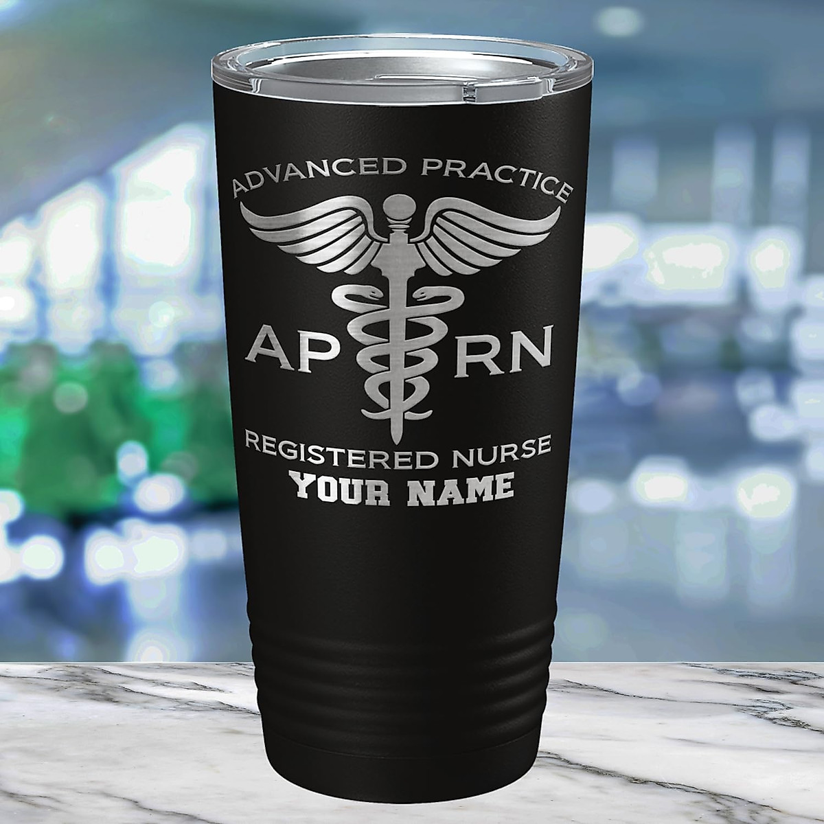 Personalized APRN Advanced Practice Registered Nurse Gift on Black 20 oz Stainless Steel Tumbler with Lid - Insulated Cup - Custom Travel Mug