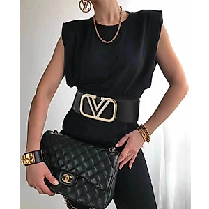 Women's Belt, Wide Belt Vintage Girdle Belt, Fashion V Gold Buckle Double-sided Leather Belts for Dress 2.8'' Wideth (100CM)