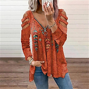 Wirziis Long Sleeve Shirts for Women, Casual Loose Fit V Neck Zipper Tops Sexy Cold Shoulder Trendy Graphic Sweatshirts