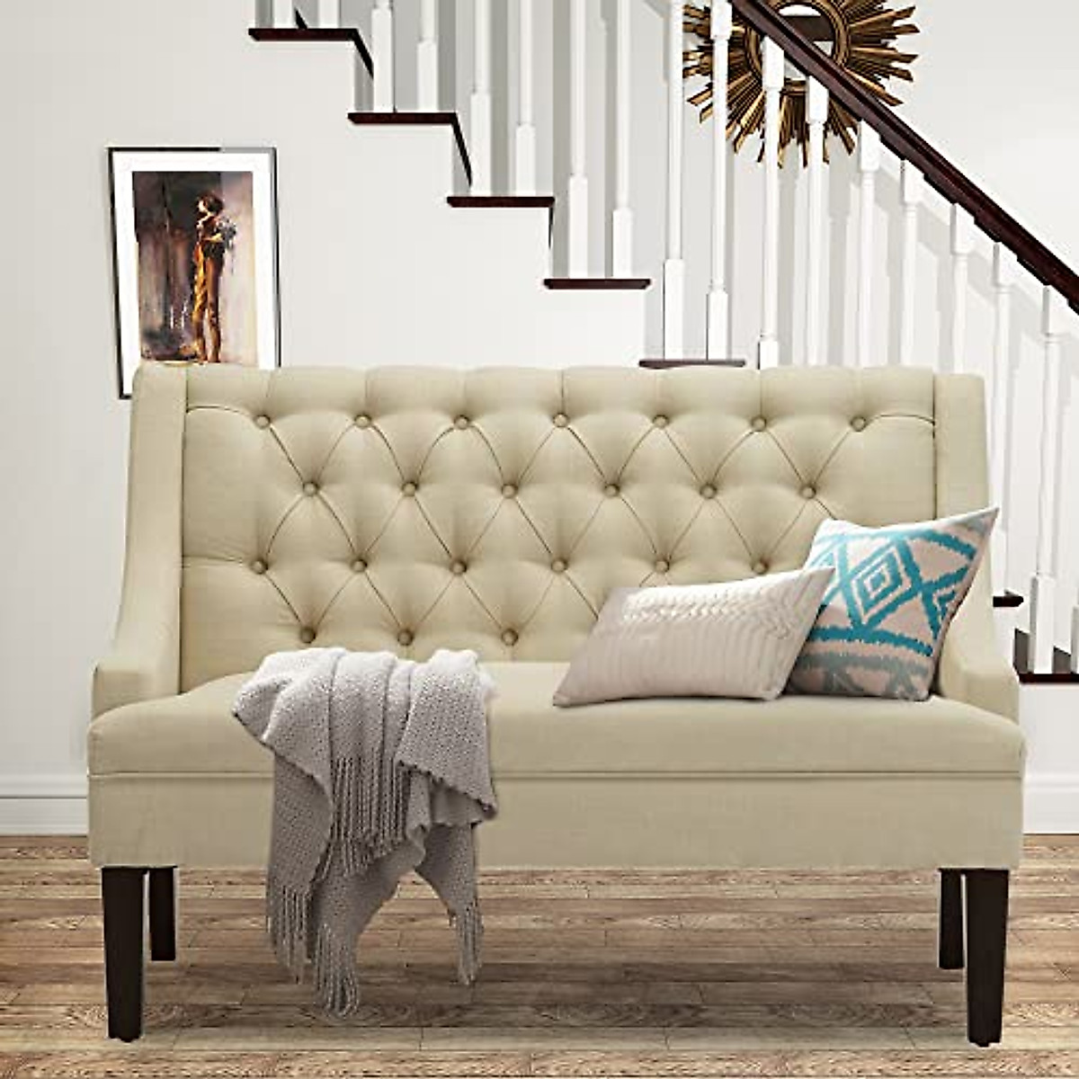Tongli 50" Small Modern Loveseat Settee Sofa Linen Fabric 2-Seat Sofa Couch Tufted Love Seat Dining Bench with Back Upholstered Banquette Sofas for Living Room Bedroom Small Space Entryway