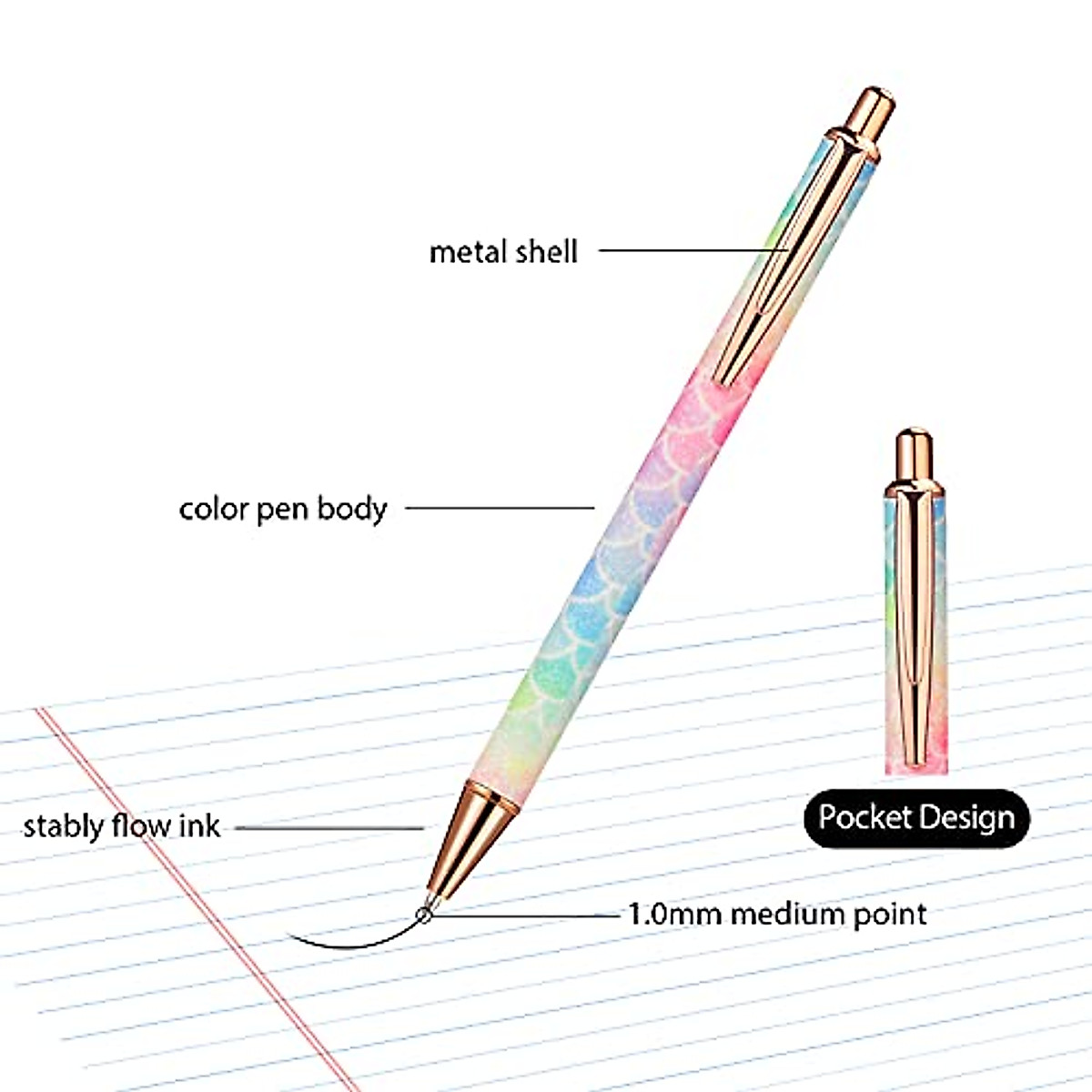 30 Pieces Glitter Metal Retractable Pen Rose Gold Ballpoint Pens Glitter Colorful Ballpoint Pens Click Ball Office Pens Medium Point 1.0 mm Click Pen Black Ink Ballpoint Pen for School Office Supply