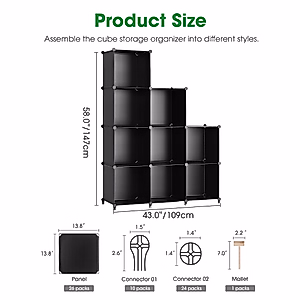 Puroma 9 Cube Storage Organizer, Black Modern Bookcase with Mallet DIY Closet Organizers and Storage, 12" x 12" x 12"
